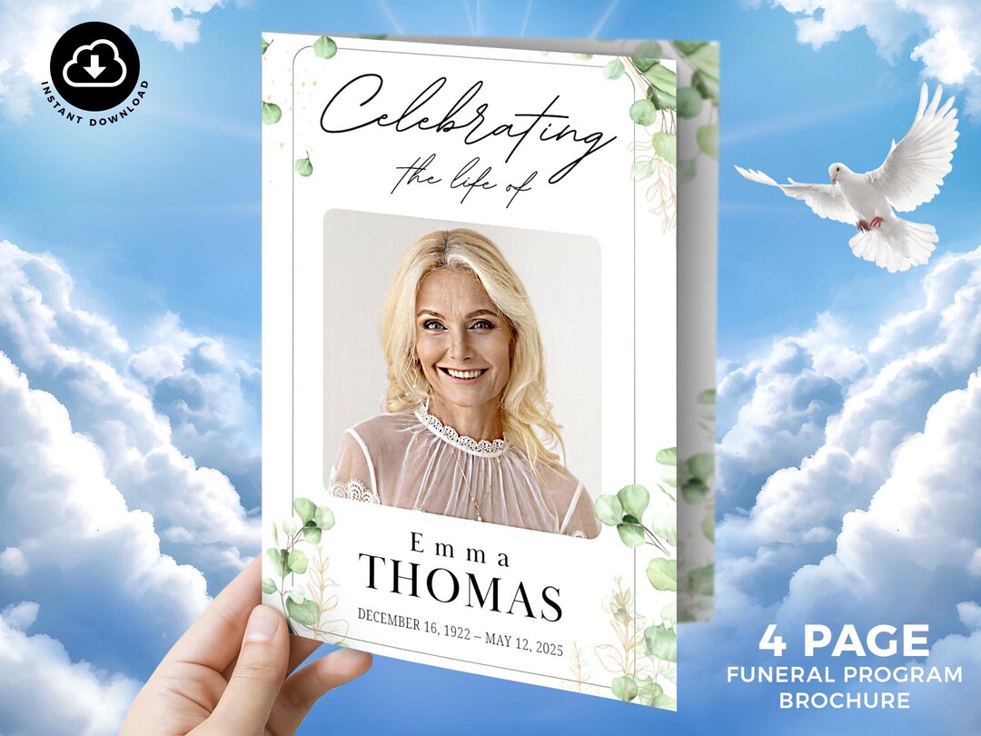 Green Funeral Program Template, Minimalist Memorial Brochure Editable ...