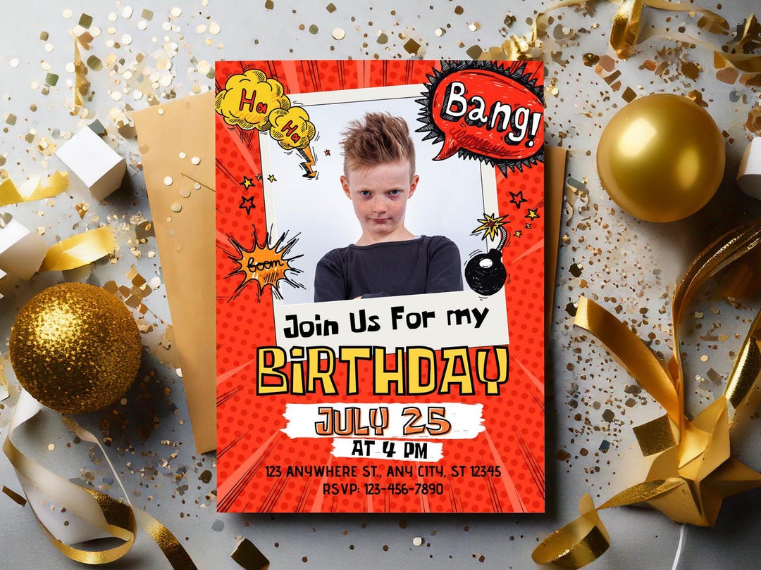 Comic Birthday Invitation Template With Photo Boy Theme Ideas Superhero ...