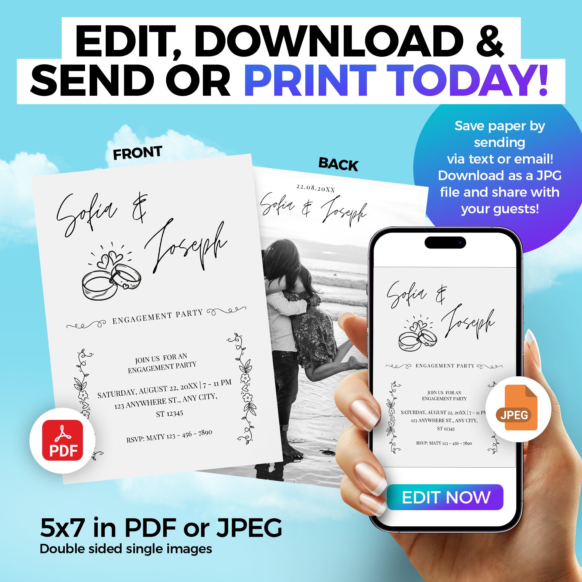 Digital Engagement Template, Engagement Card, Engagement Invitation ...