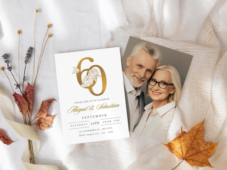 60th Wedding Anniversary Invitation With Foto Elegant Card Golden ...