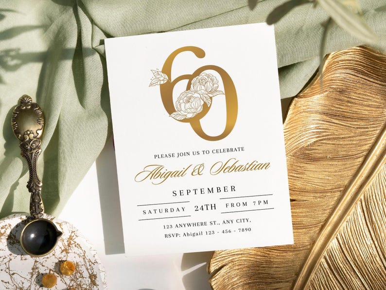 60th Wedding Anniversary Invitation With Foto Elegant Card Golden ...