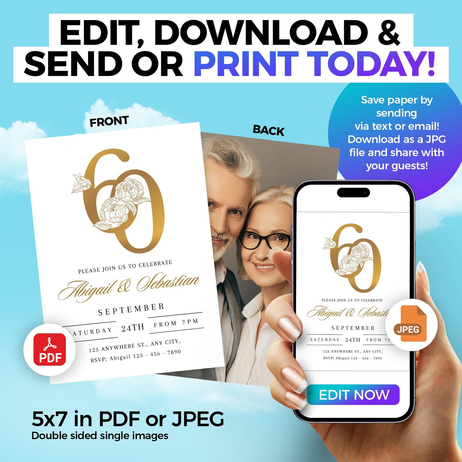 60th Wedding Anniversary Invitation With Foto Elegant Card Golden ...