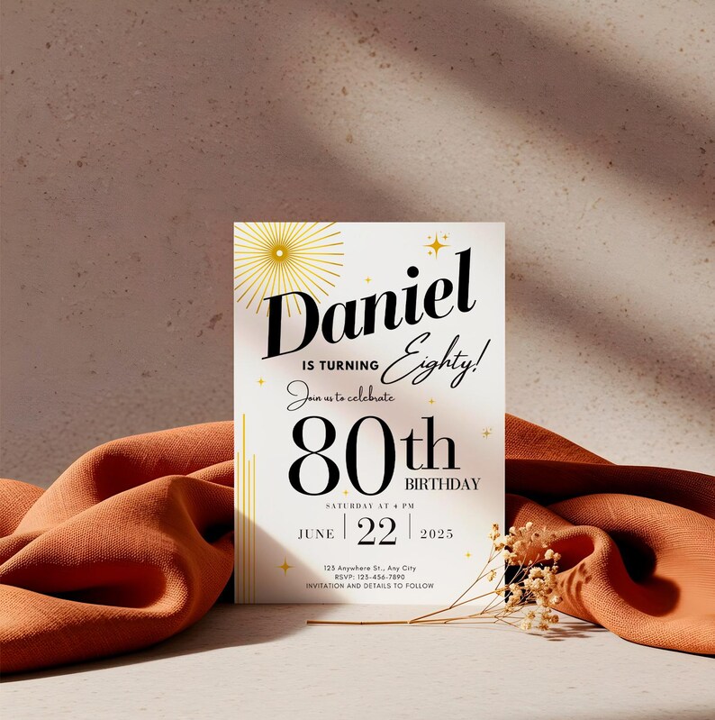 Editable Gold 80th Birthday Invite,retro Eighty Invitation Template ...