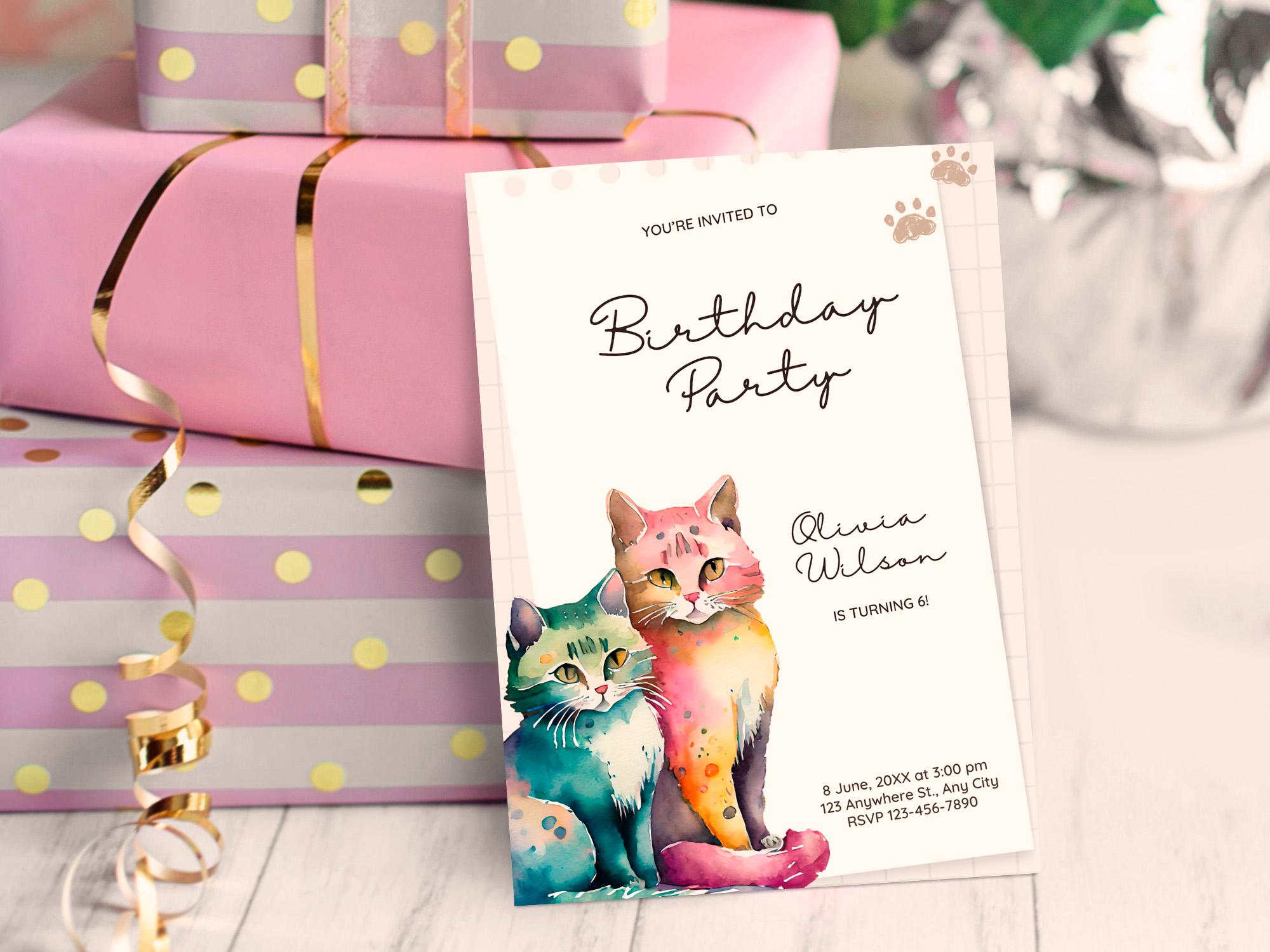 Cat Birthday Invitation, Editable Cute Kitten Party Card, Printable ...