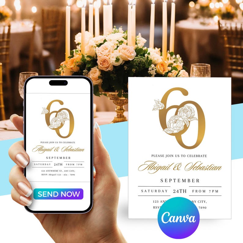 60th Wedding Anniversary Invitation With Foto Elegant Card Golden ...