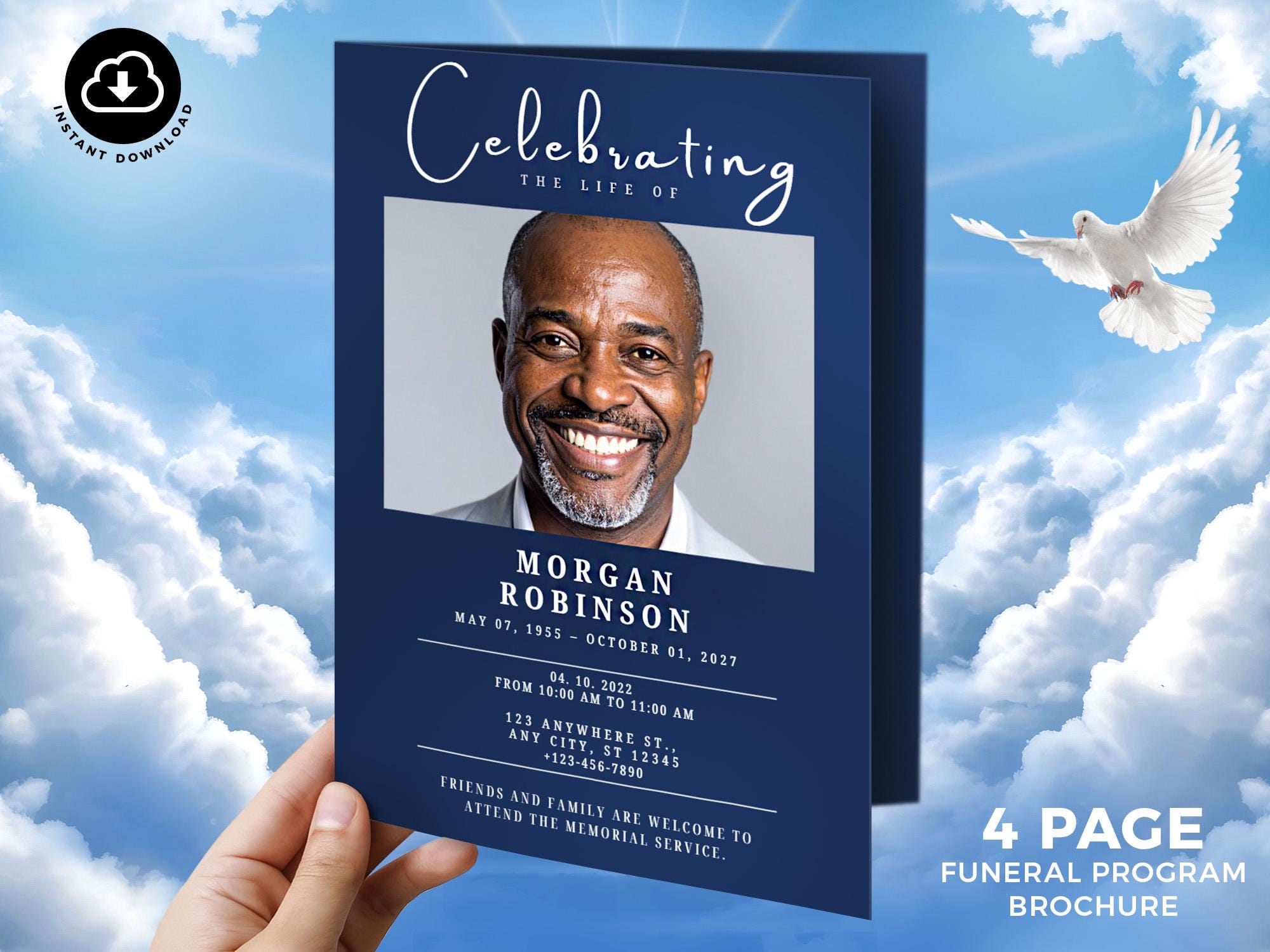 Navy Blue Funeral Program Template for Men, Celebration of Life ...