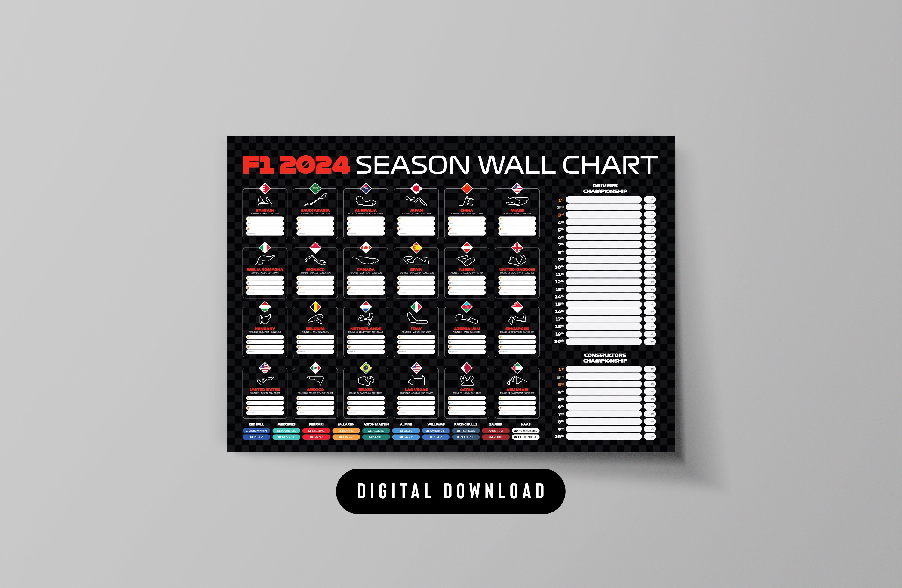 F1 2024 Wall Chart PDF Circuit, Schedule, Season, Race Tracks, Poster ...