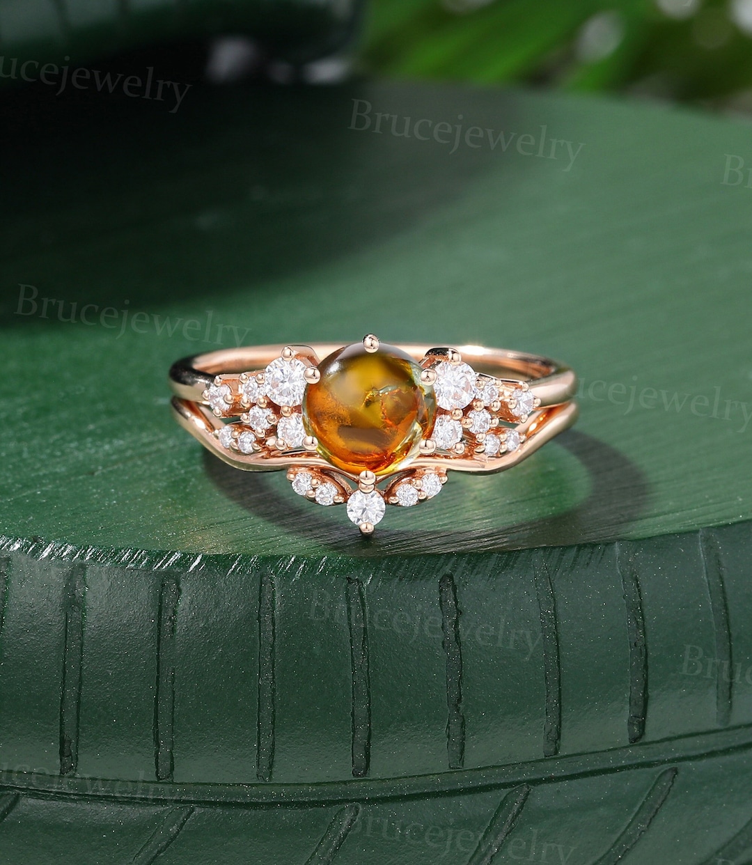 Vintage Amber Engagement Ring Set Art Deco Rose Gold Moissanite Ring ...