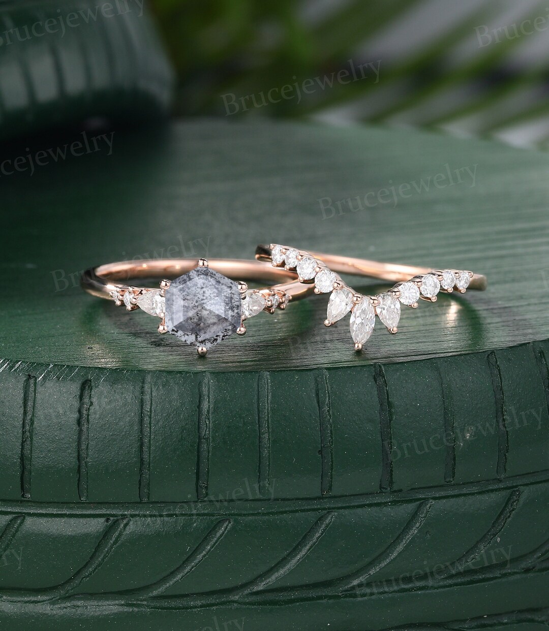 Hexagon Cut Salt and Pepper Diamond Engagement Ring Set Rose Gold ...