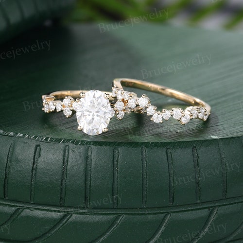 Round Moissanite Engagement Ring Set Unique Yellow Gold - Etsy