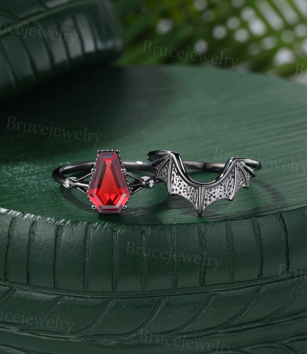 Coffin Cut Garnet Engagement Ring Set Gothic Black Gold Moissanite Ring ...