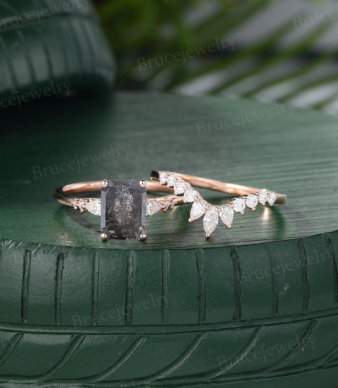 Emerald Cut Salt and Pepper Diamond Engagement Ring Set Vintage 14K ...