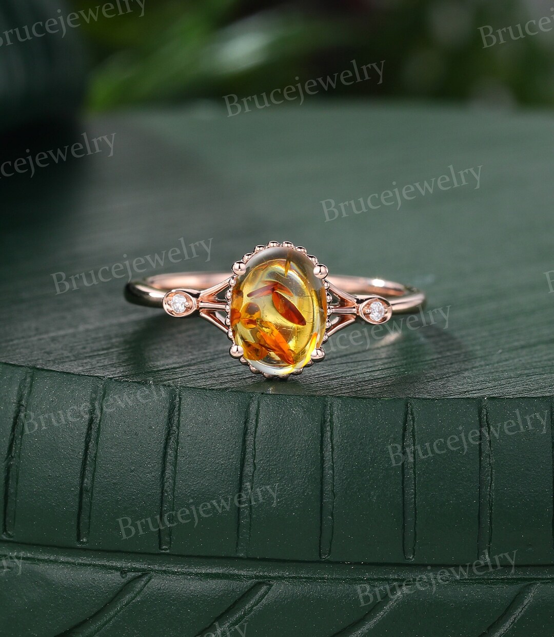 Oval Cut Amber Engagement Ring Vintage Rose Gold Moissanite Ring Women ...