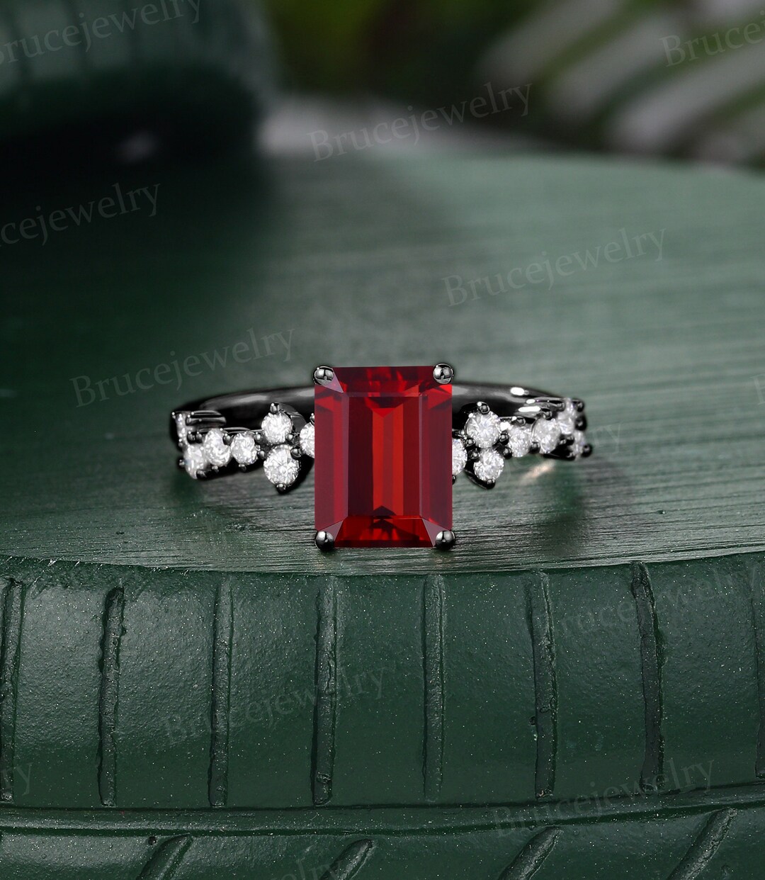 Emerald Cut Garnet Engagement Ring Vintage Black Gold Moissanite Ring ...