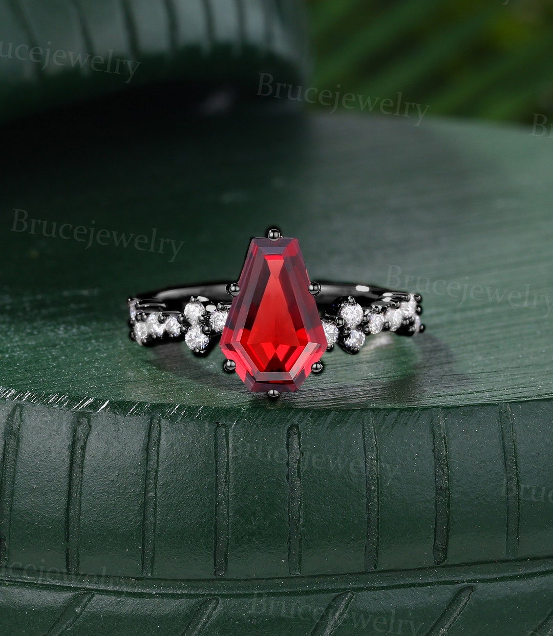 Coffin Cut Garnet Engagement Ring Vintage Black Gold Moissanite Ring ...