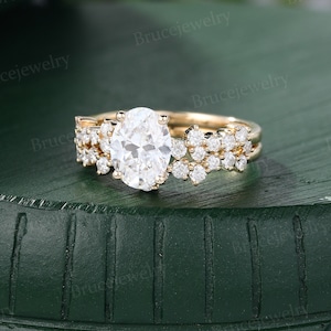 Oval Cut Lab Diamond Engagement Ring Set Vintage Yellow Gold Moissanite Ring Set Cluster Wedding ...