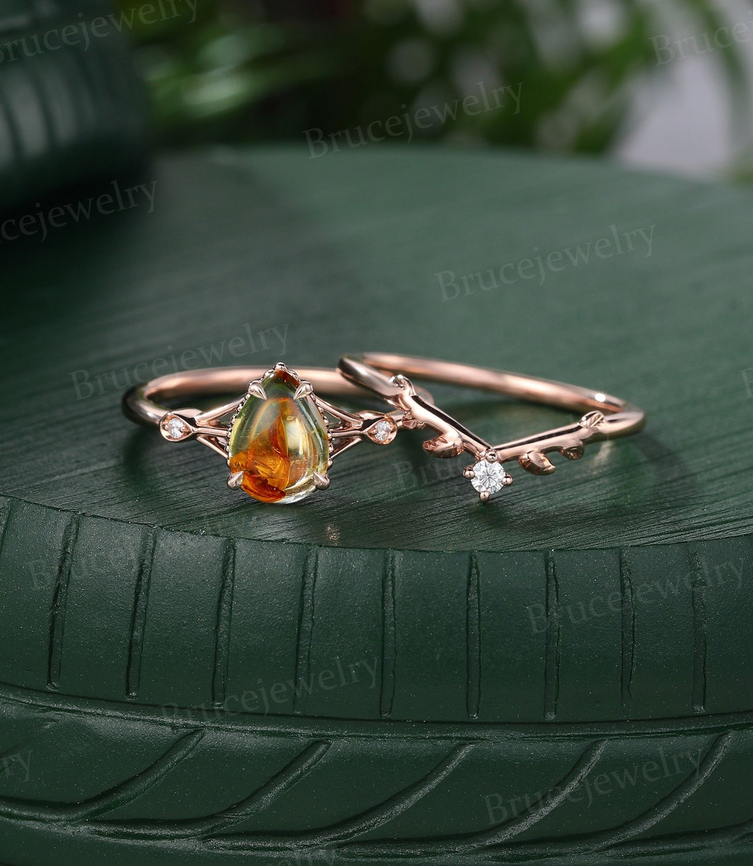 Pear Shaped Amber Engagement Ring Set Vintage Rose Gold Bridal Ring Set ...