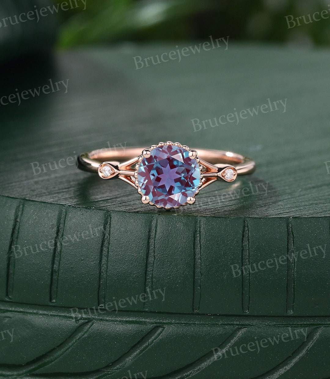 Unique Alexandrite Engagement Ring Vintage 14k Rose Gold Moissanite ...