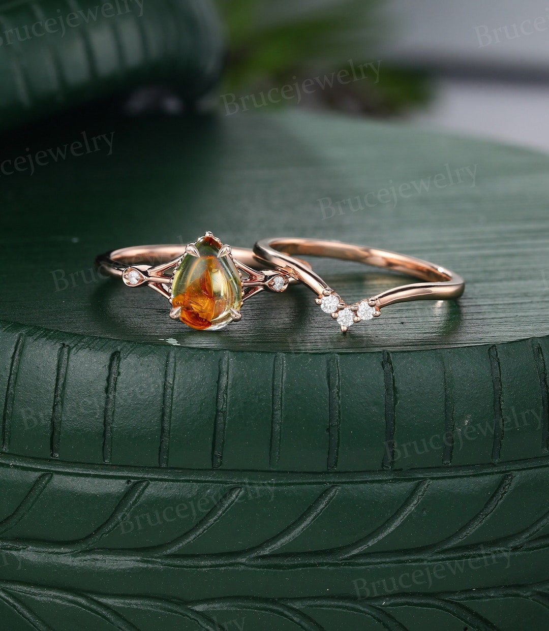 Pear Shaped Amber Engagement Ring Set Vintage Rose Gold Bridal Ring Set ...