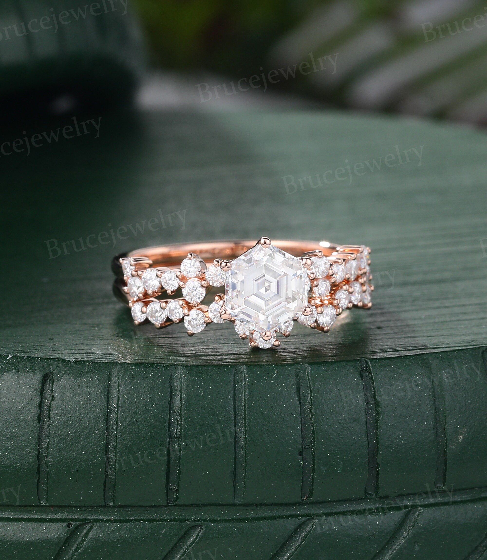 Hexagon Cut Moissanite Engagement Ring Set 14k Rose Gold - Etsy
