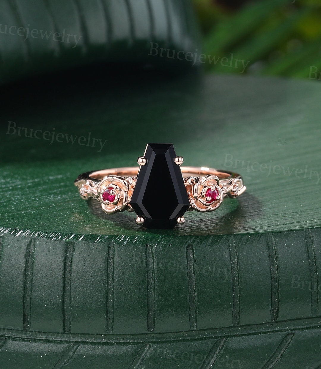Coffin Cut Black Onyx Engagement Ring Vintage Rose Gold Ring Ruby Ring ...
