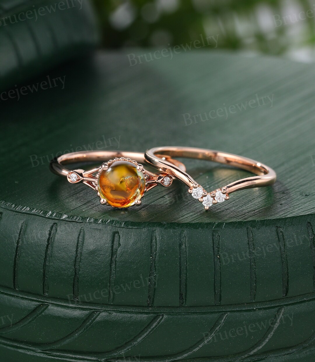 Vintage Amber Engagement Ring Set Unique Rose Gold Moissanite Ring Set ...