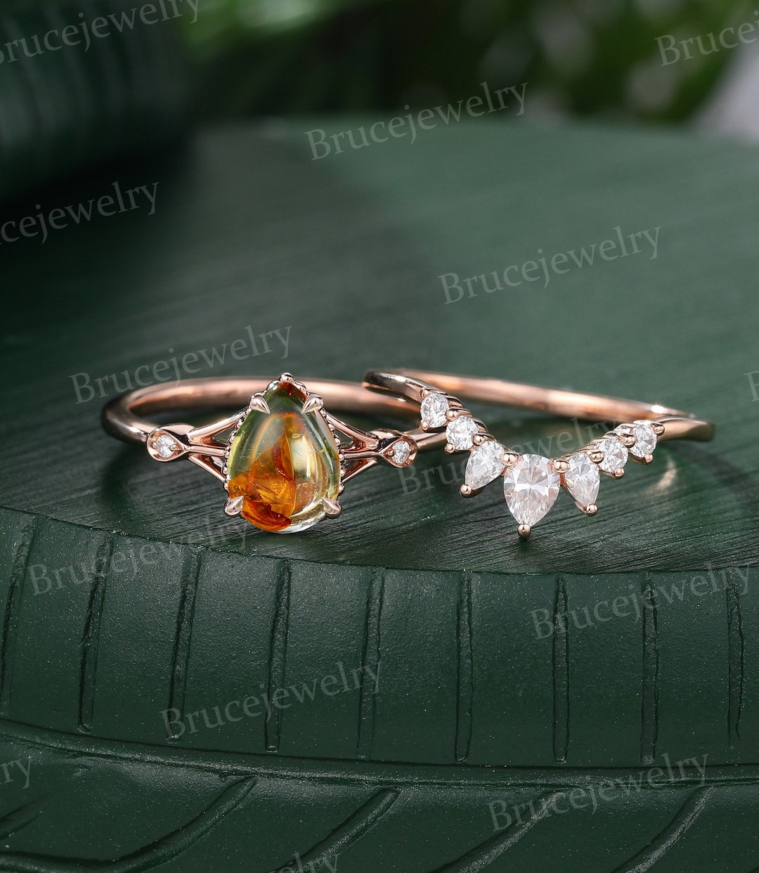 Pear Shaped Amber Engagement Ring Set Vintage Rose Gold Bridal Ring Set ...