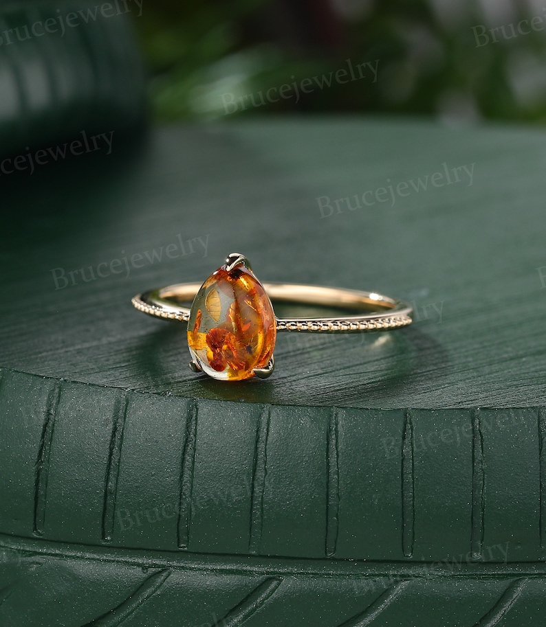 Unique Pear Shaped Amber Engagement Ring Vintage 14K Yellow Gold ...