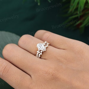 Oval Cut Lab Diamond Engagement Ring Set Vintage Yellow Gold Moissanite Ring Set Cluster Wedding ...