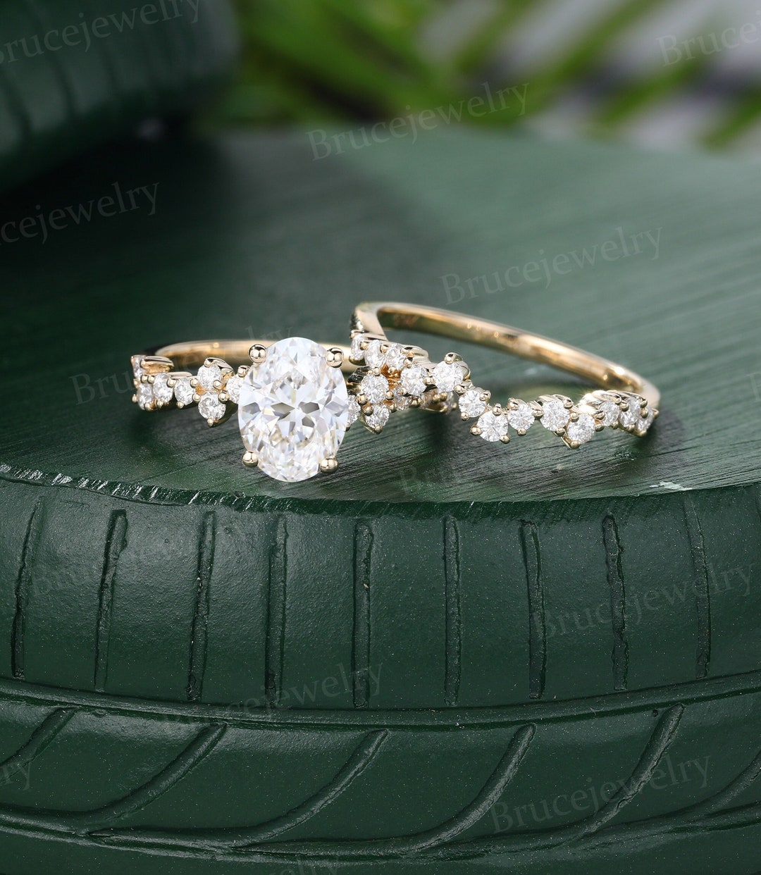 Oval Cut Lab Diamond Engagement Ring Set Vintage Yellow Gold Moissanite Ring Set Cluster Wedding ...