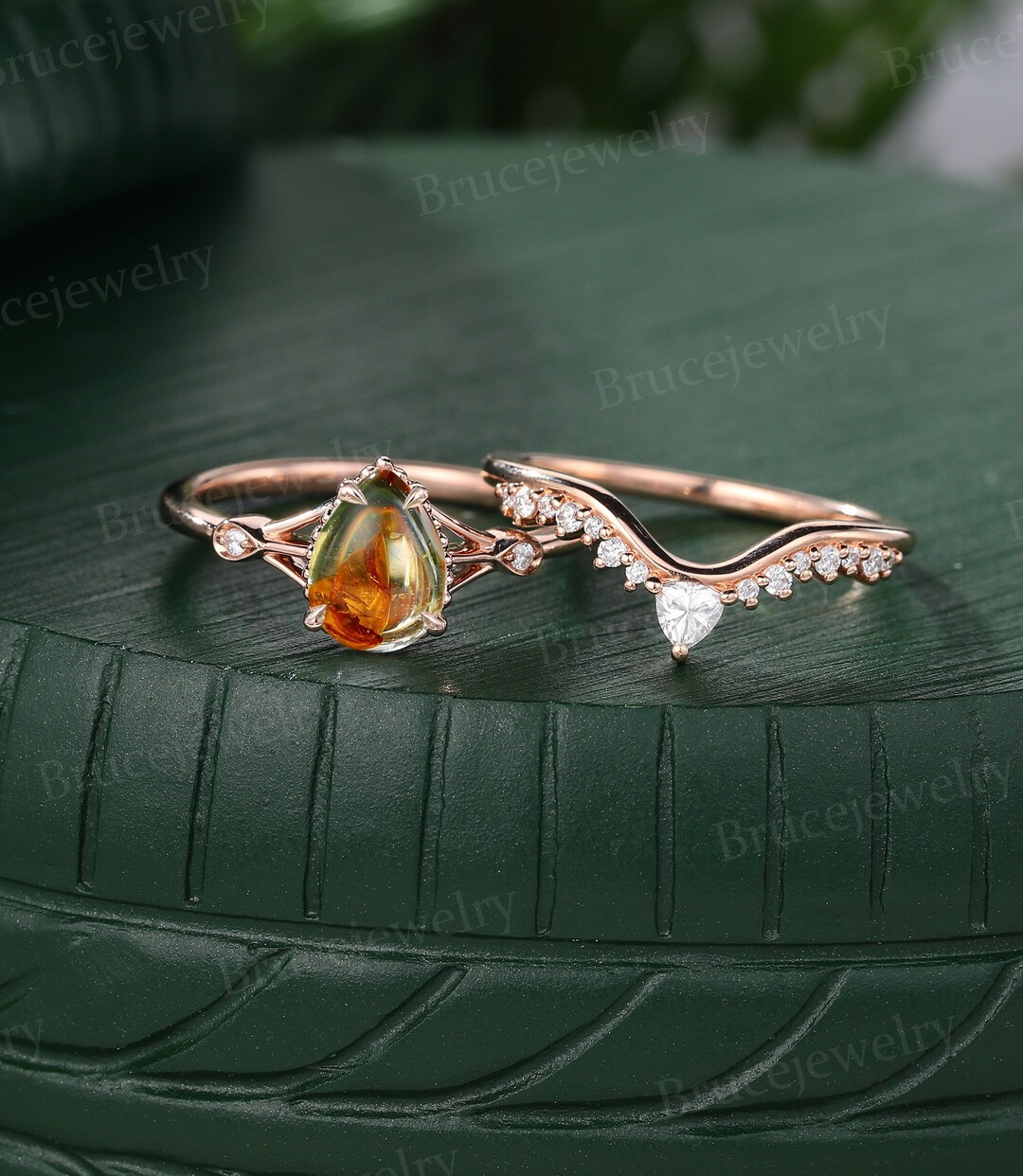 Pear Shaped Amber Engagement Ring Set Vintage Rose Gold Bridal Ring Set ...