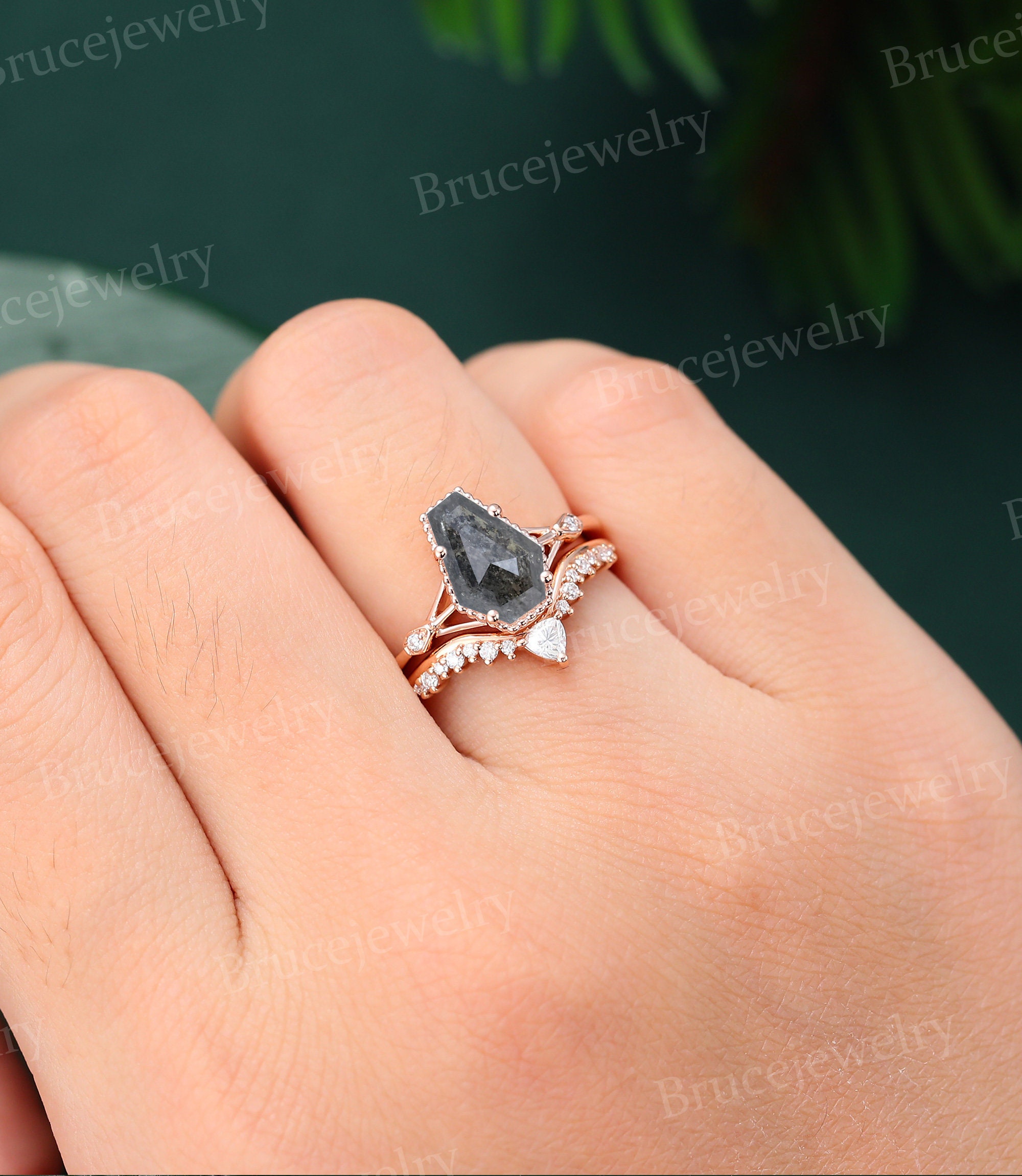 Coffin Shaped Salt and Pepper Diamond Engagement Ring Set Unique Rose ...