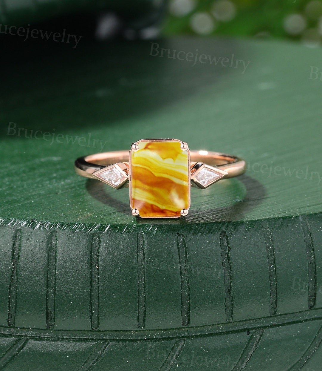 Emerald Cut Amber Engagement Ring Vintage Rose Gold Three Stone Ring ...