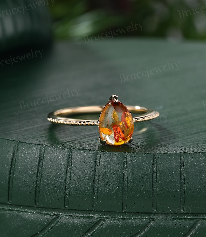 Unique Pear Shaped Amber Engagement Ring Vintage 14K Yellow Gold ...