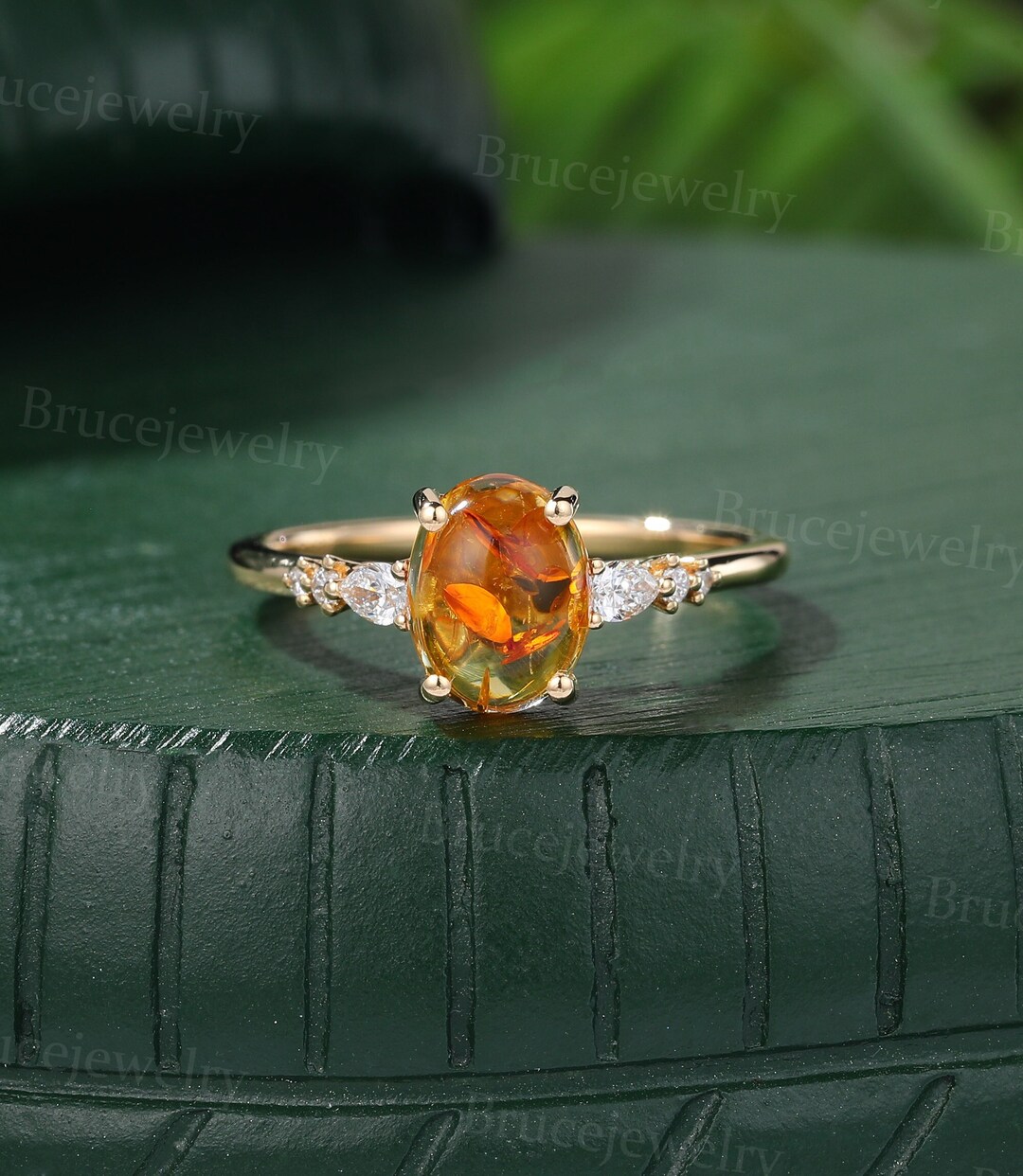 Vintage Oval Cut Natural Amber Ring Solid Yellow Gold Engagement Ring Pear Cut Moissanite Ring ...