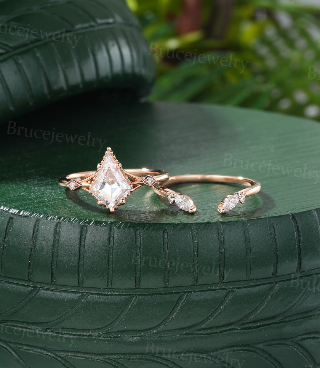 Kite Shaped Moissanite Engagement Ring Set Vintage Rose Gold Bridal Set ...