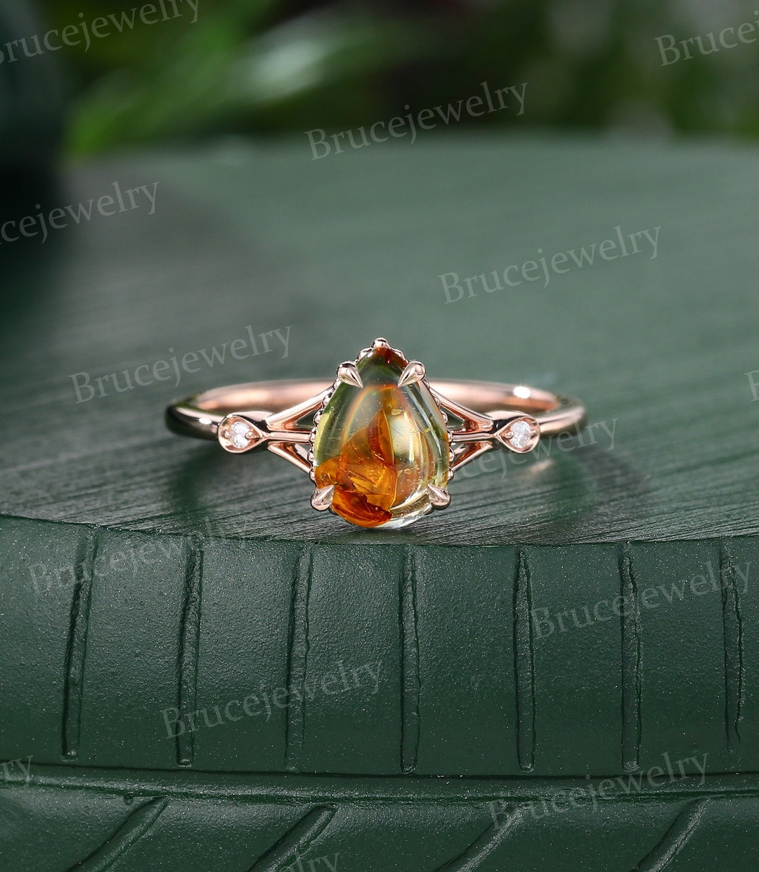 Pear Shaped Amber Engagement Ring Vintage Rose Gold Moissanite Ring ...