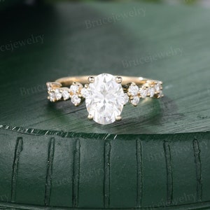 Oval Cut Lab Diamond Engagement Ring Set Vintage Yellow Gold Moissanite Ring Set Cluster Wedding ...