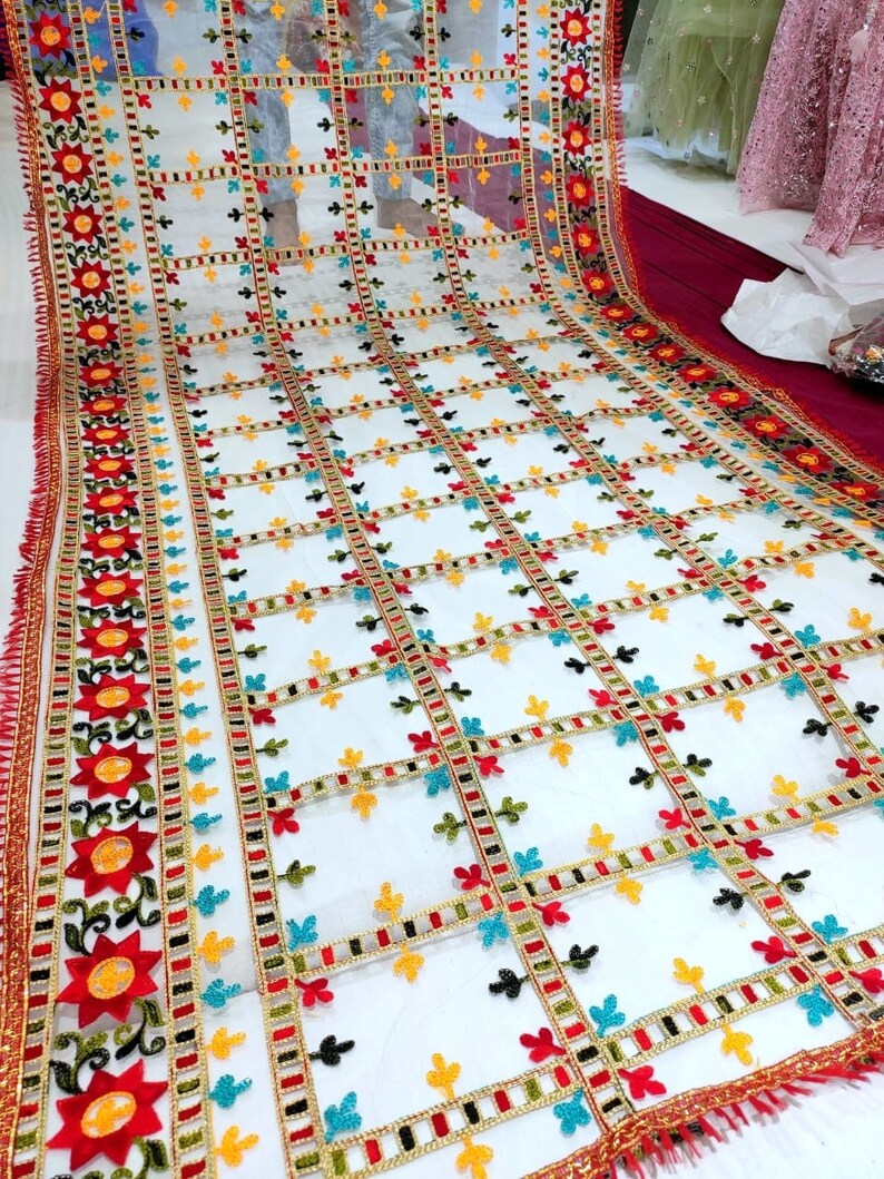 Fancy Color Dupatta Phulkari Net Dupatta Scarf White - Etsy