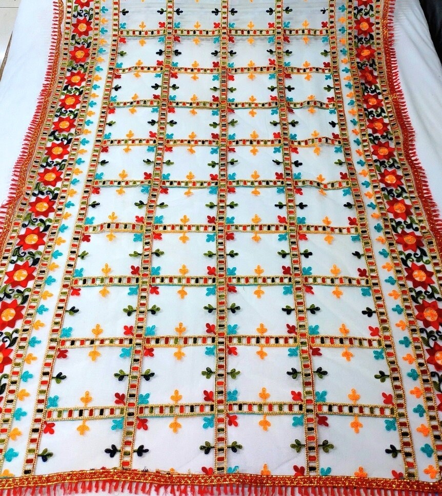 Fancy Color Dupatta Phulkari Net Dupatta Scarf White - Etsy