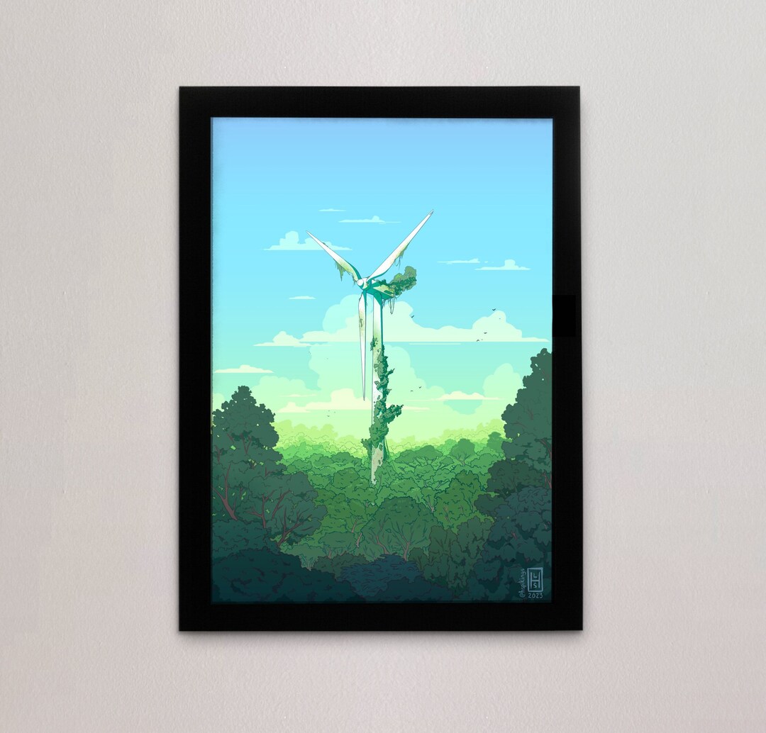 Solarpunk Art Print Poster With Nature Vibes, Anime Wind Turbine Art ...
