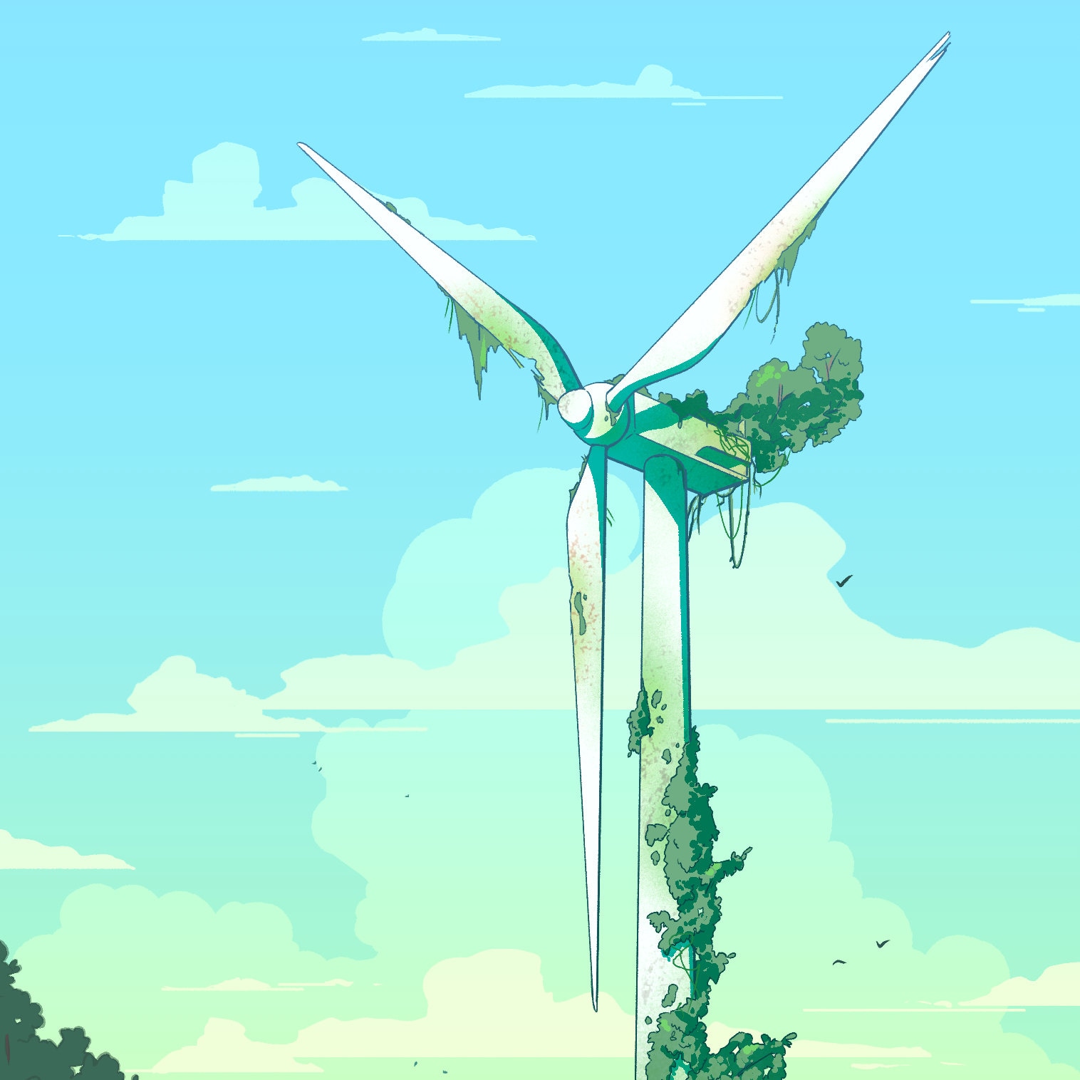Solarpunk Art Print mit Natur Vibes, Anime Wind Turbine Art Print für ...