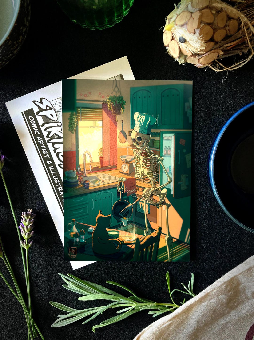 Breakfast Skeleton Kitchen Art Print Poster With Cozy Cat Vibes for ...