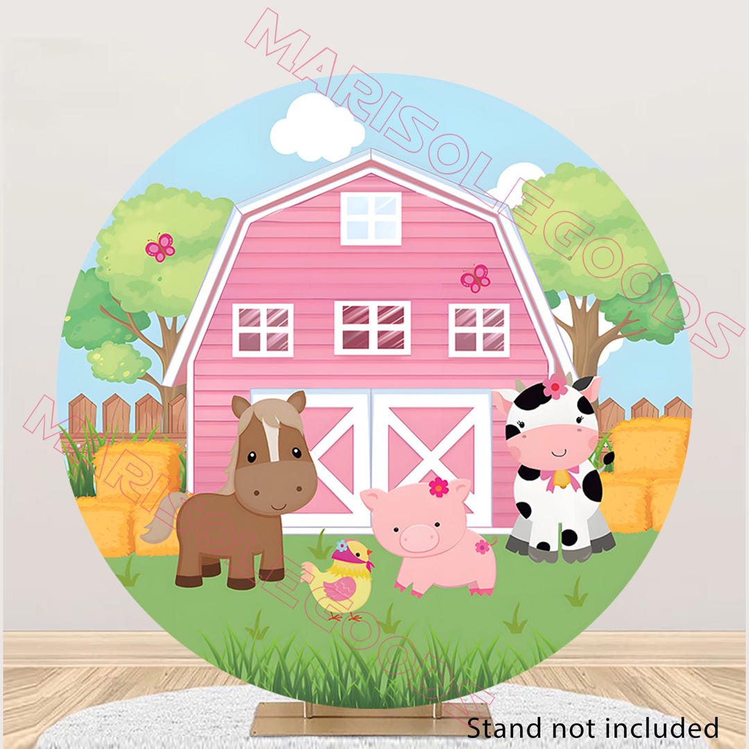 Farm Animals Round Backdrop Cover Pink Barn Baby Shower Birthday Party ...