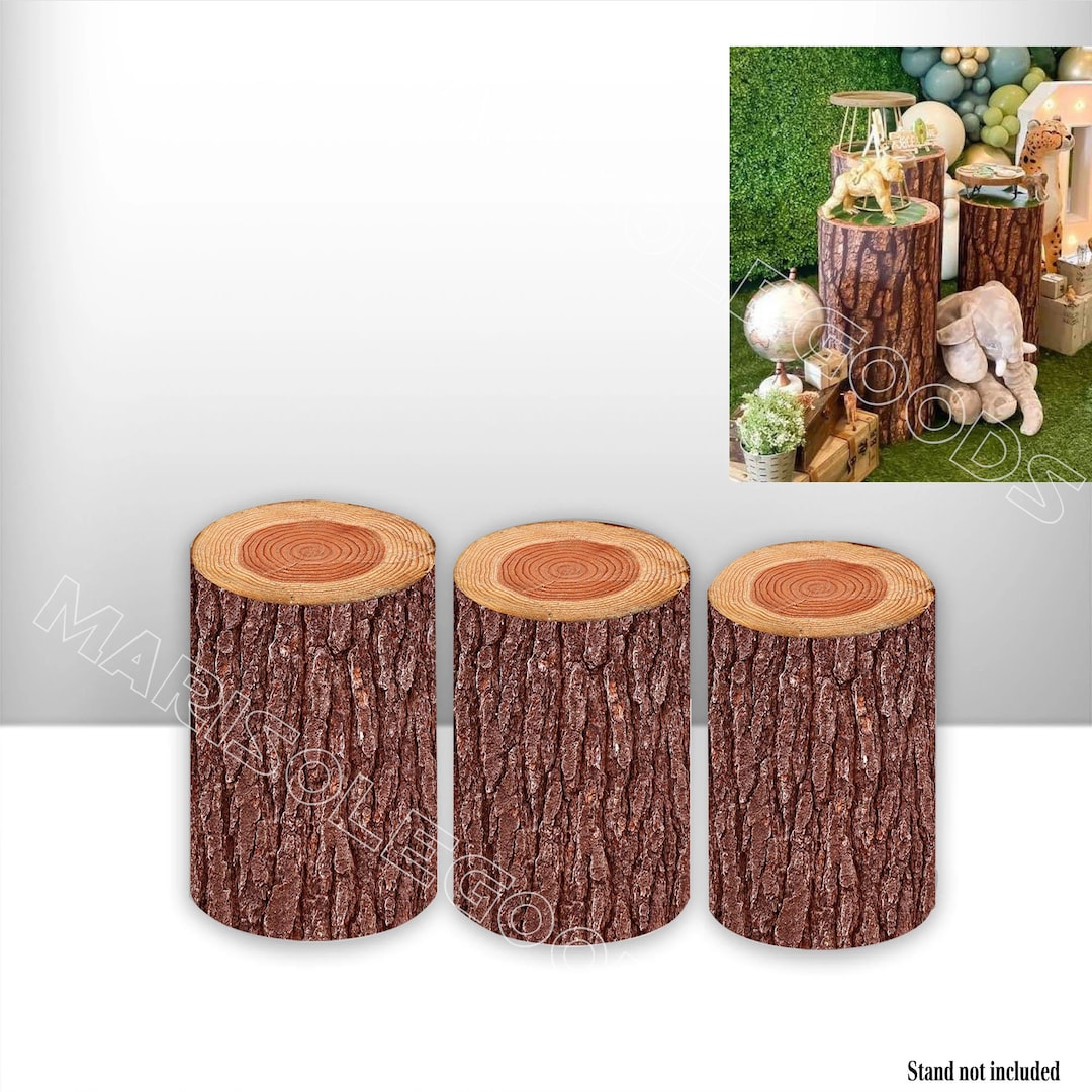 Wood Texture Cylinder Plinth Cover,round Pedestal Jungle Safari Elastic ...