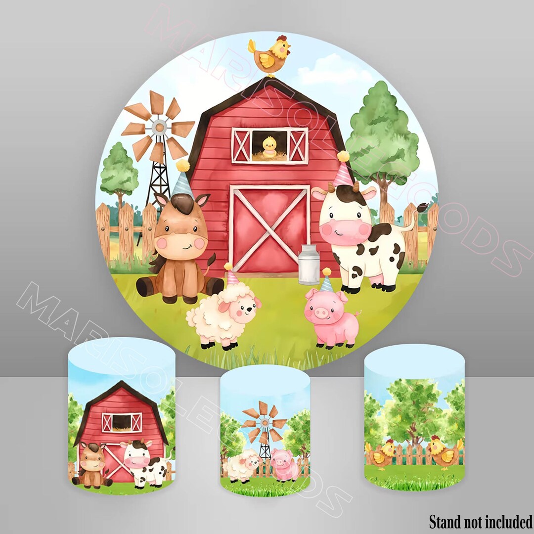 Farm Animals Birthday Round Backdrop Cover Farm House Barn Fabric ...