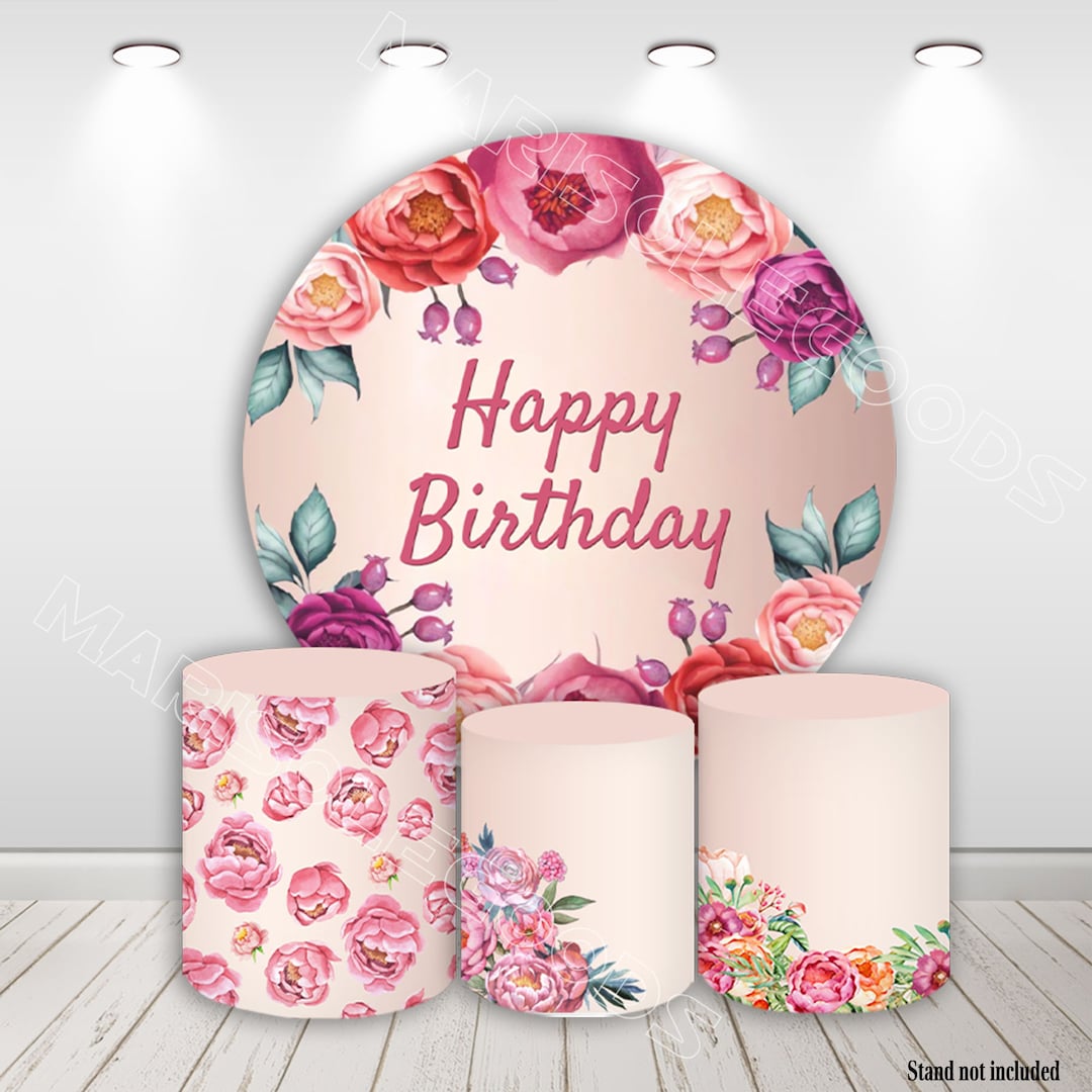 Happy Birthday Flower Round Backdrop Cover Pink Floral Fabric Elastic ...