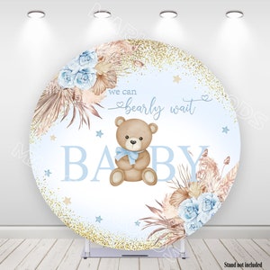 We Can Bearly Wait Round Backdrop Cover Bear Flowers Baby Shower Circle ...