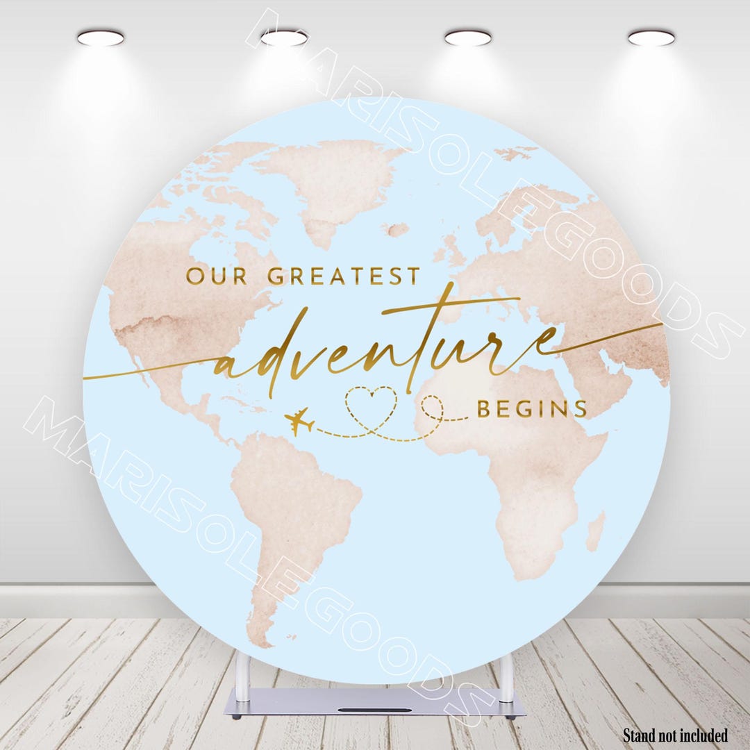 World Map Round Backdrop Covers Bule Our Greatest Adventure Baby Shower ...