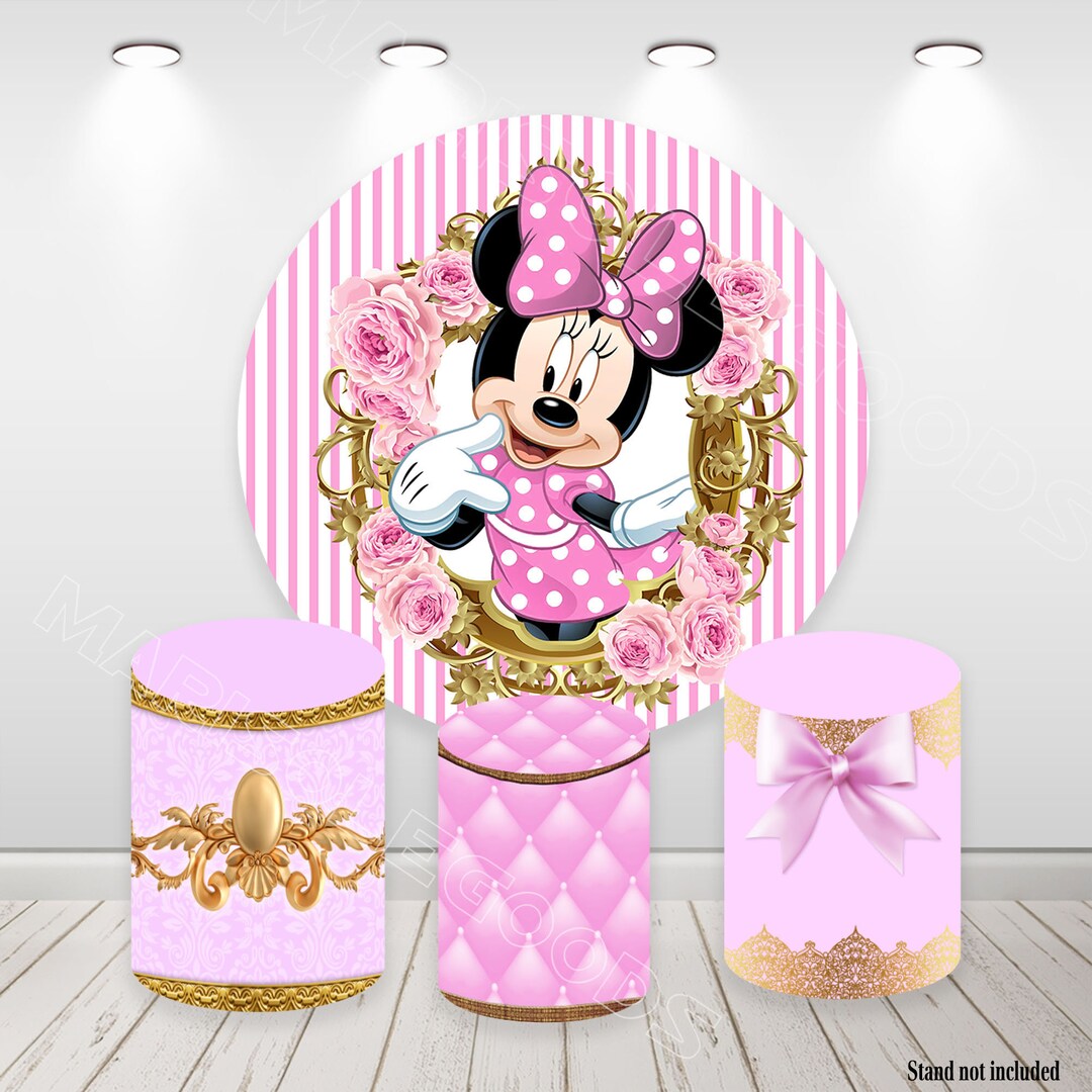 Light Purple Minnie Round Backdrop With Flowers Fabric Elastic ...